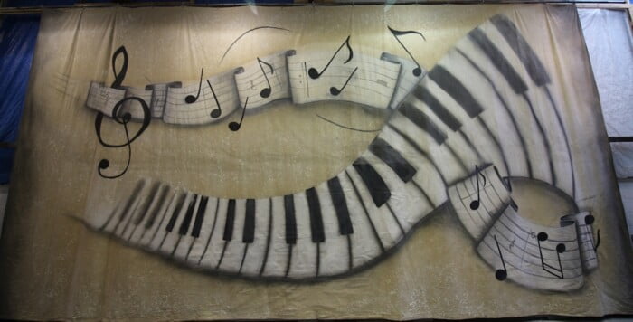 White Christmas Piano Canvas Theatre Backcloth | Thoroughly Theatre